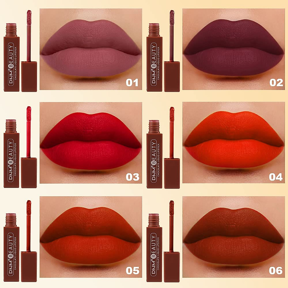 HAOYA 6 Pcs Chocolate Matte Lipstick Lipgloss Lip Gloss Stain Makeup Set, Deep Dark Red 24 Hour Stay on Matte Lipstick Long Lasting labiales matte mate larga duracion 24 horas originales Set02