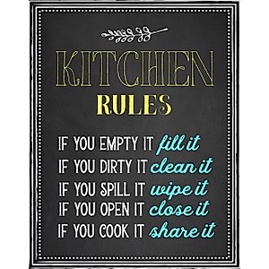 ‘Kitchen Rules’ Chalkboard Kitchen Wall Art Print - 11x14 UNFRAMED with Teal Blue, Yellow & White on Black Perfect for Rustic, Vintage, Modern Farm, Cottage, Country and Retro Decor.