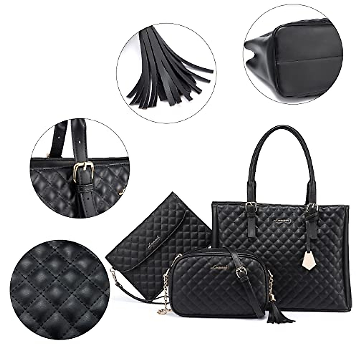 LOVEVOOK Purses for Women, Quilted Womens Handbags and Purses Set with Vegan Leather, Fashion Tote Purse with Top Handle, Satchel Shoulder Bag with Top Zipper, 3pcs, Black