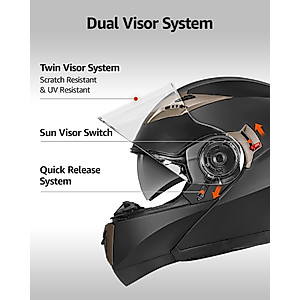 Motorcycle Modular Full Face Helmet DOT Approved - YEMA Helmet YM-925 Motorbike Casco Moto Moped Street Bike Racing Helmet with Sun Visor for Adult Youth Men and Women - Matte Black,M