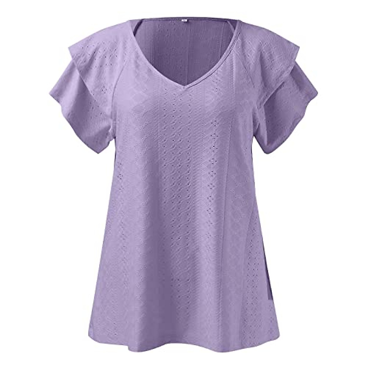 Spring and Summer New Short Sleeve V Neck Shrink Pleated Solid Color Loose Tee Shirt Top Purple