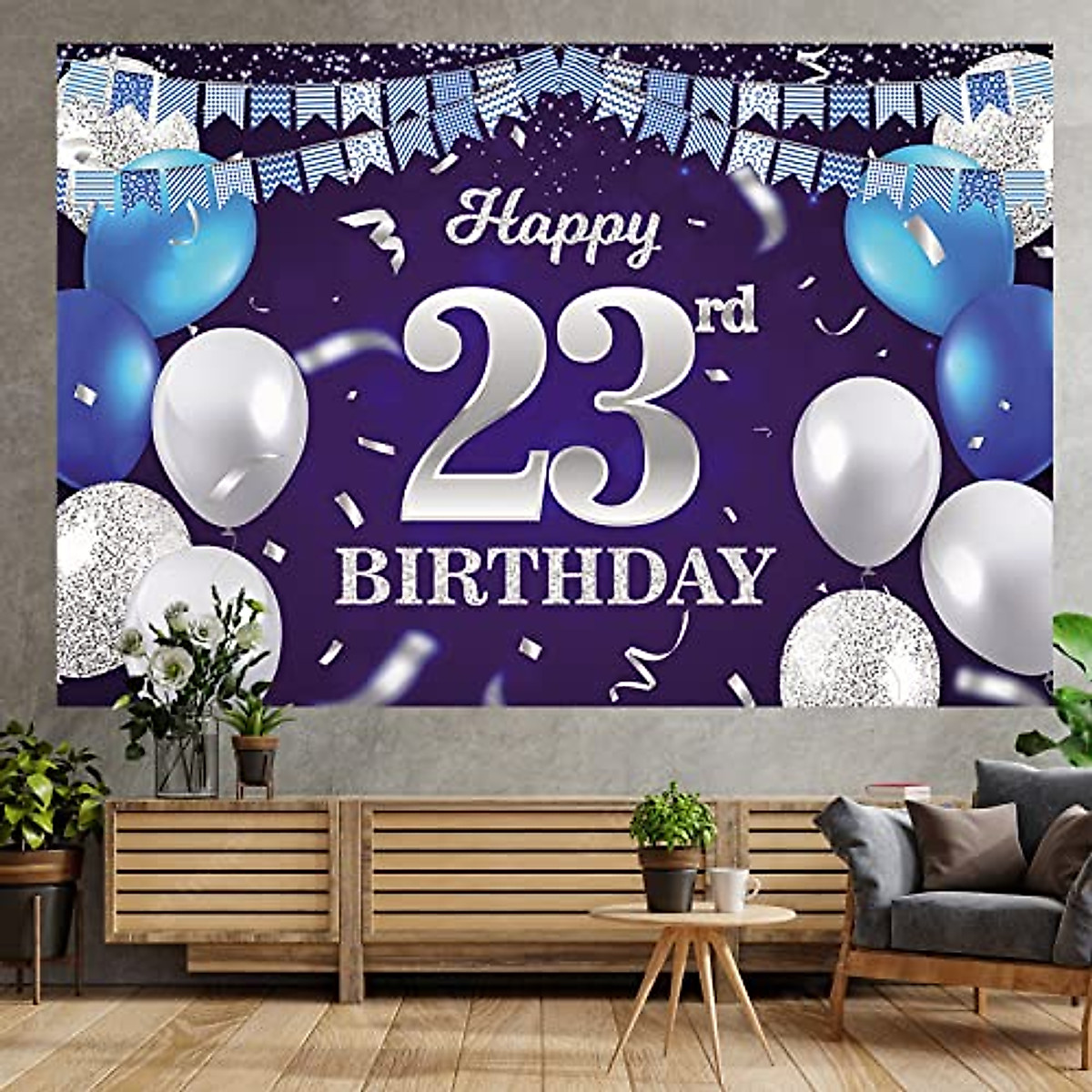 Happy 23rd Birthday Banner Backdrop Navy Blue Balloons Confetti Stripe Flag Light Spots Cheers to 23 Years Old Theme Decorations Decor for Women Men 23rd Birthday Party Bday Supplies Glitter Silver