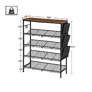 Hzuaneri 5 Tier Shoe Rack, Free Standing Shoe Storage for Entryway, Adjustable Shoe Organizer Shelves with 1 Side Pocket and 2 Hooks, Steel, Industrial, Rustic Brown and Black SR04101B