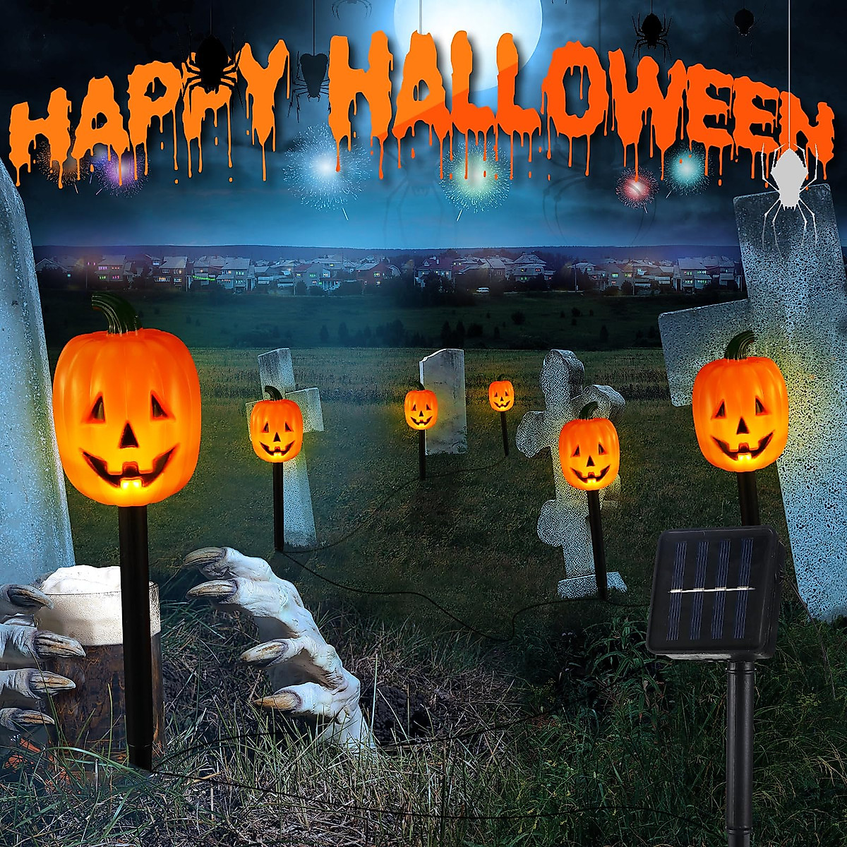 Retisee 10 Pcs Halloween Pumpkin Pathway Markers Lights Solar Powered Pathway String Lights Light up Jack O Lantern Pumpkin Garden Stakes for Yard Lawn Tree Patio Walkway Driveway Party Decor