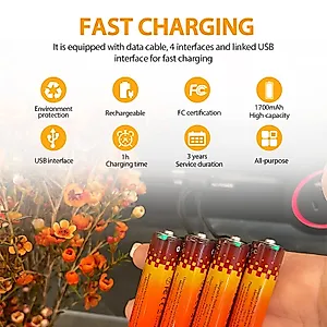 Roludom AA Rechargeable Batteries 1.5V / 2600mAh, USB-C AA Battery Lithium-ion Battery, 1.5h Fast-Charge,Not Need Extra Batteries Charger, The Battery can be Recycled 1200 Times-4 Pack