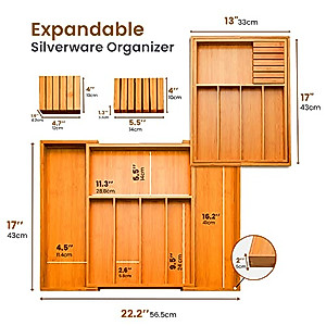 Utensil Organizer for Kitchen Drawers - Bamboo Silverware Organizer - Expandable Utensil Holder and Cutlery Tray with Divider and Removable Knife Block | 17” Long, Adjustable from 13” to 22.2”