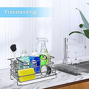 WEKEY Kitchen Sponge Holder,Sponge Holder for Kitchen Sink,Stainless Steel Kitchen Sink Caddy,Double-Use Brush Dishrag Holder Rack with Adjustable Partition Grid,Countertop Sink Caddy-Silver