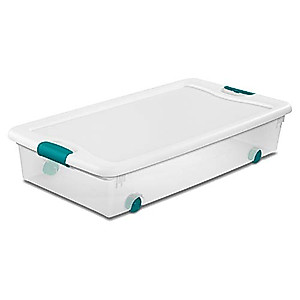 Sterilite 56 Qt./53 L Wheeled Latching Box Clears, Quart, White, 4 Piece & 19859806, 30 Quart/28 Liter Ultra Latch Box, Clear with a White Lid and Black Latches, 6-Pack