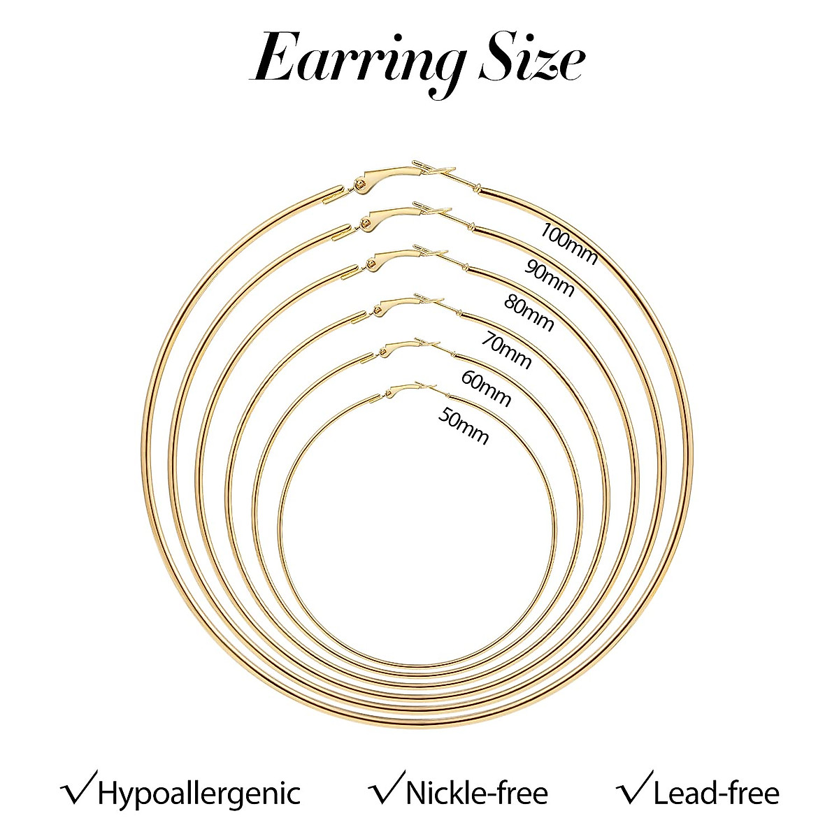 Sloong 6 pairs Big Hoop Earrings Set, Gold Stainless Steel Hoop Earrings Huge Giant Hoop Earrings Set Oversized Hoop Earrings 90s Earrings for Women (50/60/70/80/90/100mm)