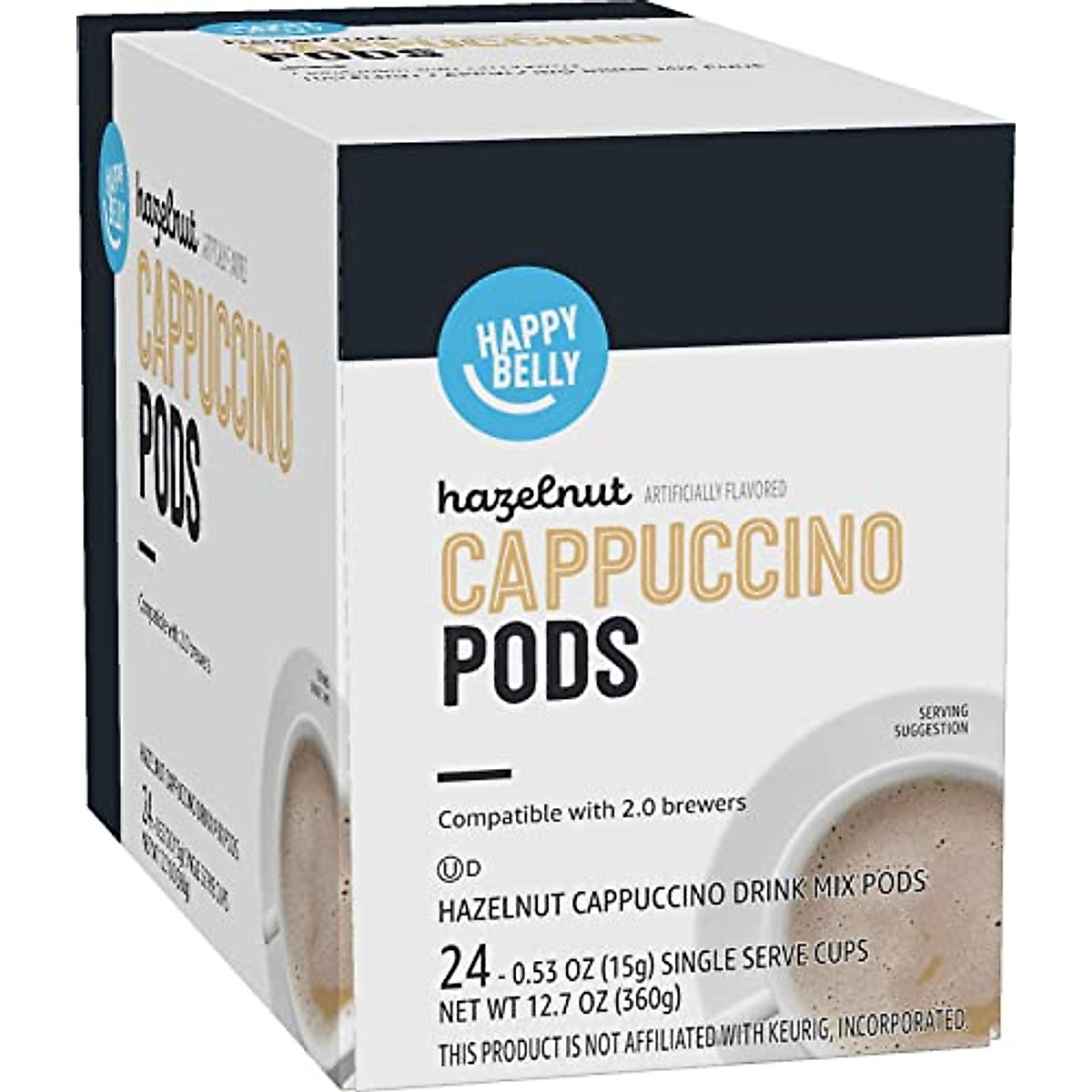 Amazon Brand - Happy Belly Light Roast Cappuccino Coffee Pods Compatible with K-Cup Brewers, Hazelnut Flavored , 24 Count