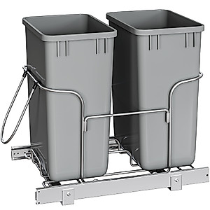 Double 32 Qt Pull-Out Trash Can Recycling Bin with Handle for 19.1" W x 24.8" D x 23.6" H Minimum Cabinets, Sliding Under Mount Kitchen Waste Garbage Container with Full-Extension Slides, Gray
