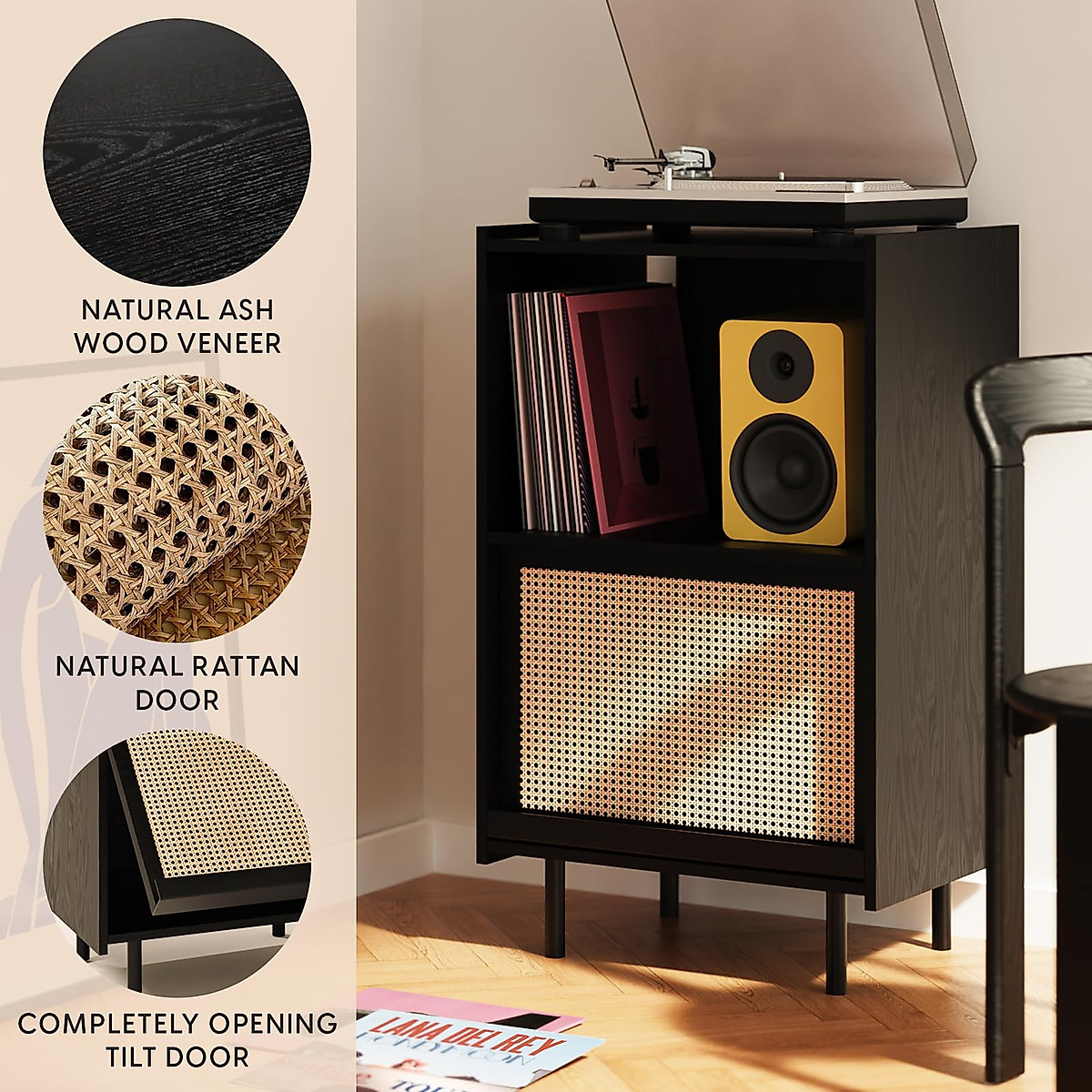 Vefunk Rattan Turntable Stand - Holds 190 Vinyl Records With Storage Cabinet