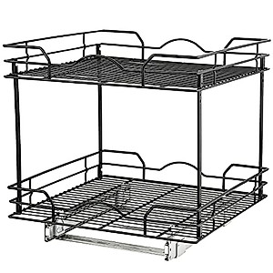 OCG Pull Out Cabinet Shlef 14" W x 18" D, 2 Tier Heavy Duty Slide Out Shelves, Pull Out Drawer for Cabinet, Black