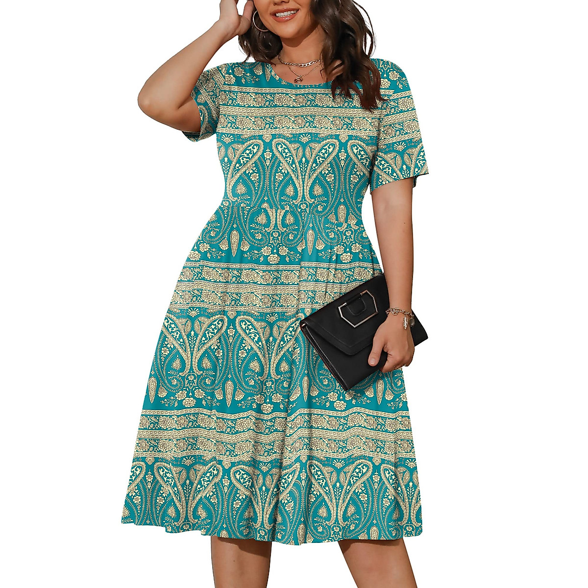 POSESHE Womens Plus Size Summer Dress for Women 2024 Hide Belly Soft Comfy Casual Empire Waist Dress,Blue Kaqi,XL