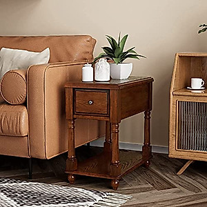 JESONVID Narrow Open End Table with Drawer, Solid Wood Side Table 2-Tier Skinny Table with Storage Shelves Slim Nightstand Small Sofa End Table for Living Room Bedroom-Cherry Walnut 004DWA