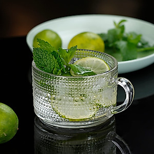 LUXU Vintage Coffee Mugs 14 oz Set of 4 Glass Tea Cups Stackable Glass Coffee Cups,Cute Coffee Bar Accessories,Iced Coffee Glasses,Clear Embossed Glass Cups for Cappuccino,Latte,Cereal,Yogurt,Milk