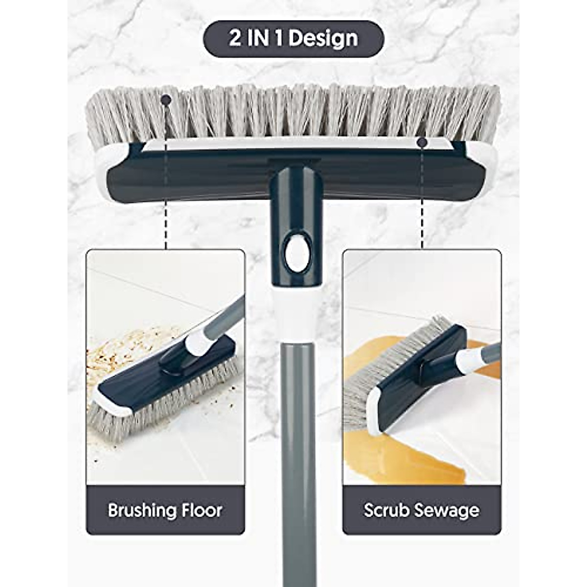 MEXERRIS Floor Scrub Brush with Long Handle - Stiff Carpet Deck Brush 2 in 1 Floor Scrubber Cleaning Grout Brush for Tile, Bathroom, Shower, Sink, Bathtub, and Kitchen Surface - Gray