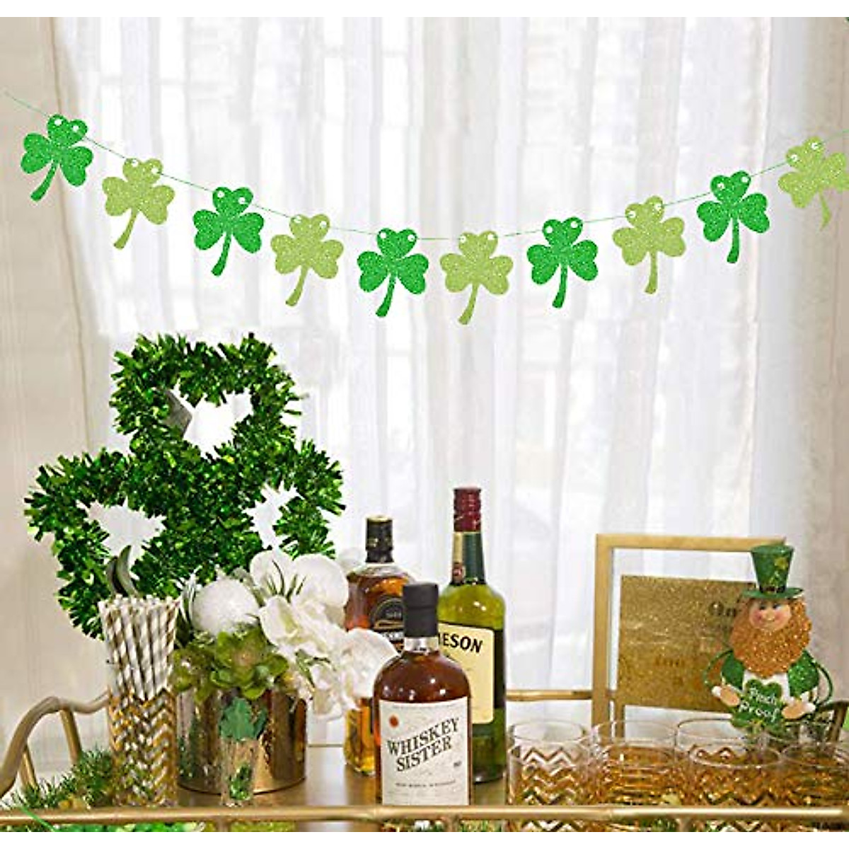 St. Patrick Day Banner Green Lucky Irish Glitter Shamrock Garland for Party Bar Home Hanging Decorations 25pcs with 29.5 ft Rope