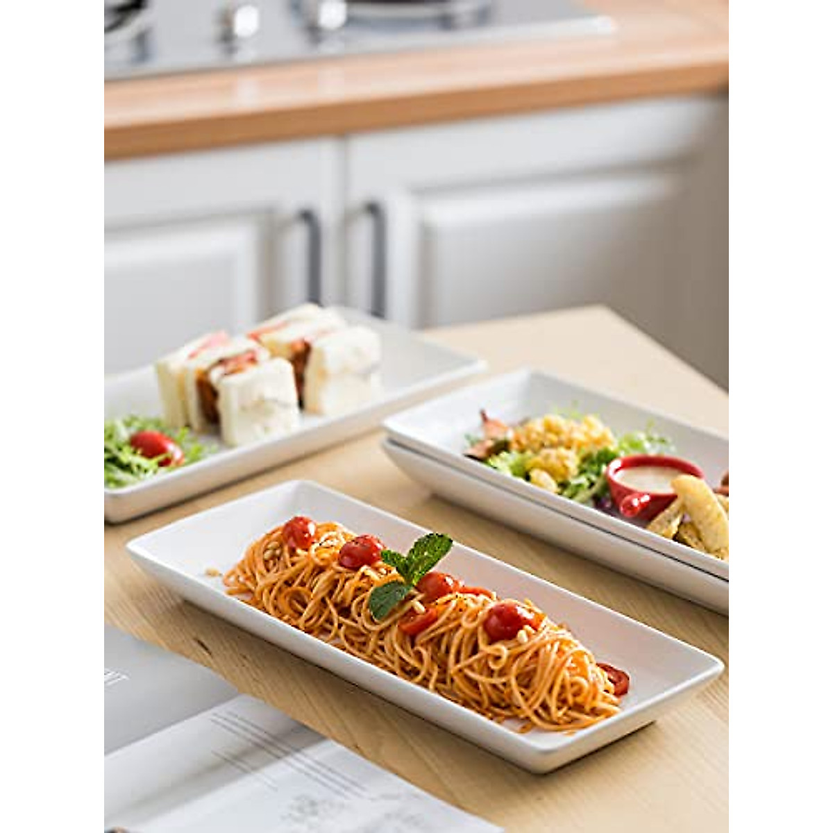 LAUCHUH Porcelain Serving Platter Rectangular Plate / Tray for Party, 14-Inch Large White Microwave And Dishwasher Safe Set of 4