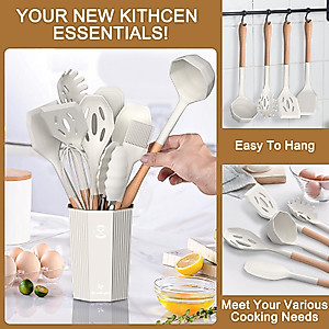Kitchen Utensils Set- 13 Pcs Cooking Utensils with Tongs, Spoon Spatula &Turner Made of Heat Resistant Food Grade Silicone and Wooden Handles Kitchen Gadgets Tools Set for Nonstick Cookware (White)