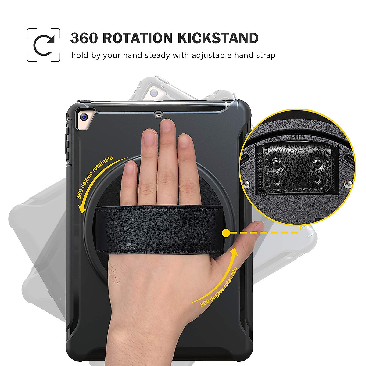 ProCase Rugged Heavy Duty Case for iPad 9.7 2018 iPad 6th Gen / 2017 iPad 5th Gen, iPad Pro 9.7 Case, iPad Air 1/2 Case, Shockproof Cover with Handle and Rotating Kickstand for iPad 9.8 Black