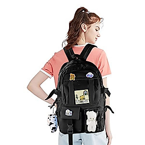 AoMoon Kawaii Backpack Lovely Pastel Rucksack for Teen Girls Aesthetic Student Bookbags with Kawaii Pin and Cute Accessories (Black-C) One Size