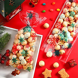 Snowflake Cello Treat Bags Christmas Xmas Party Cellophane Plastic Candy Goodie Bags with Twist Ties for Winter Holiday Wonderland Birthday Baby Shower Party Favors (Pink)