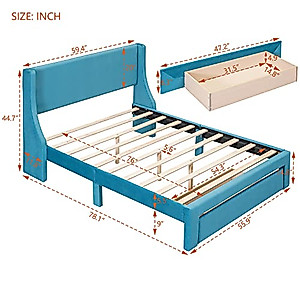 LCH Upholstered Platform Bed with a Big Drawer, Full Size Velvet Upholstered Platform Bed Frame with Headboard and Wood Slats Support, Full Size Storage Bed Frame for Boys Girls, Blue