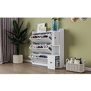 Kootlena Shoe Rack, Shoe Cabinet for Entryway, Slim Shoe Storage Cabinet Organizer, Hidden Shoe Dresser with 3 Flip Drawers Pull-Down Seat for Hallway Bedroom Free Standing (Black B)