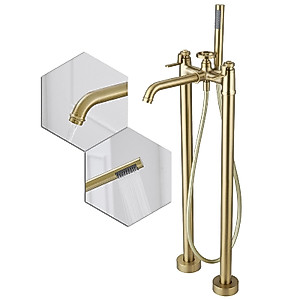 Bathfinesse Gold Freestanding Bathtub Faucet Floor Mount Tub Filler with Handheld Shower Two Handle Two Feet High Flow Rate Mixer Tap Bathroom Tub Faucet
