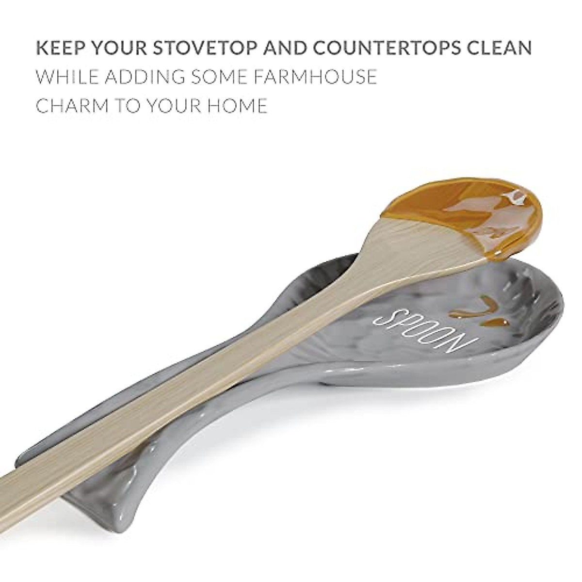 Barnyard Designs Ceramic Spoon Rest for Kitchen Counter or Stove Top, Decorative Cooking Utensil or Spatula Holder, Farmhouse Kitchen Decor, Grey, 9.25" x 4"