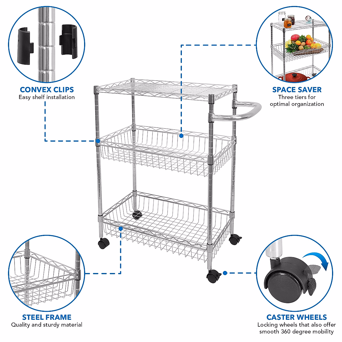 Mount-It! Mesh Wire Rolling Cart | 3-Tier Multi-Function Metal Trolley for Kitchen Storage and Organization | Heavy-Duty Storage Cart with Wheels and Handle | Silver