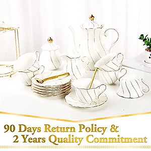 DUJUST 22 pcs White Porcelain Tea Set for 6, Luxury British Style Tea/Coffee Cup Set with Golden Trim, Beautiful Tea Set for Women, Tea Party Set, Gift Package (Including a Stand) - White