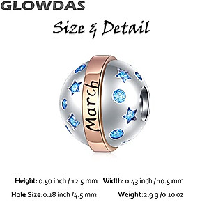 March Birthstone Charms fit Pandora Birthday Bracelet Necklace, 925 Sterling Silver Pave Aquamarine CZ Birth Stone Ball Beads with Little Stars, Gifts for Mom/Dad/Grandma