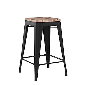 JUMMICO Metal Bar Stools Indoor Outdoor Stackable Modern 24 Inches Metal Counter Height Industrial Barstools with Wooden Seat Set of 4 (Black)