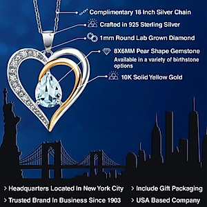 Gem Stone King 925 Sterling Silver and 10K Yellow Gold 8X6MM Pear Shaped Gemstone Birthstone & Lab Grown Diamond Heart Necklace | Love Pendant Necklace for Women By Keren Hanan