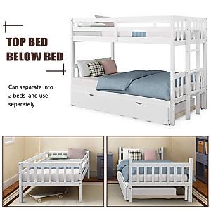 Giantex Twin Over Pull-Out Bunk Bed with Trundle, Extendable Twin/Full/Queen/King Bunk Bed, Solid Wood Bunk Bed with Ladder and Safety Rail, Wooden Bunk Beds for Kids Adults Teens, White