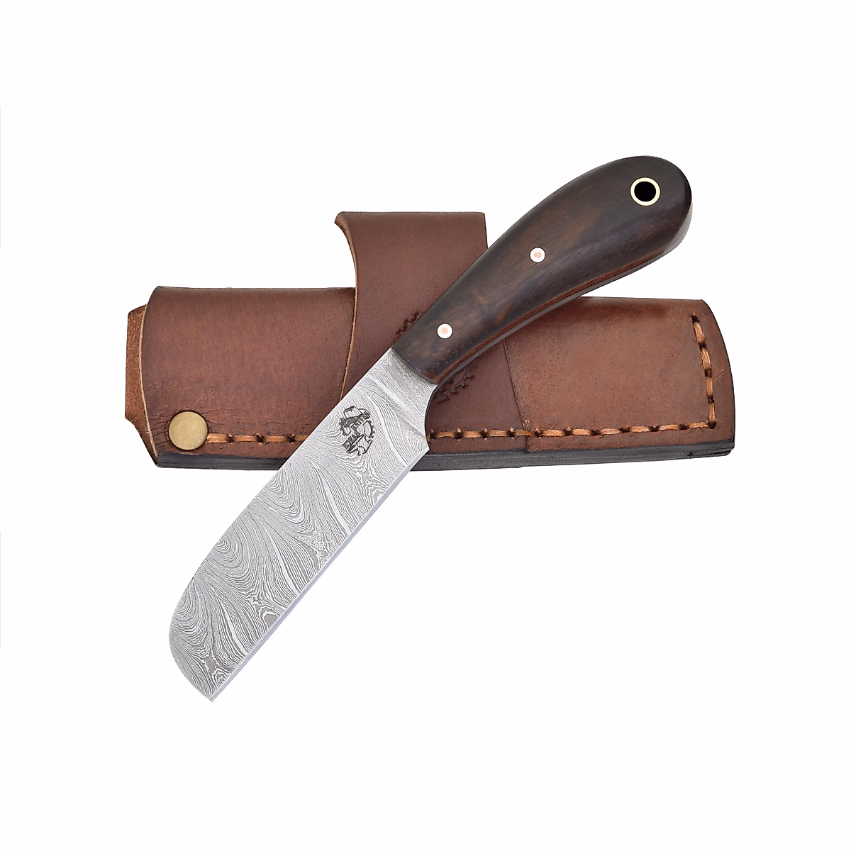 Knives Ranch Damascus Steel Small Castrator with Indian Rosewood Handle Dual Carry Vertical or Horizontal Cowboy Crossdraw Leather Sheath (3177-IRW)