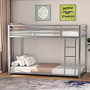 DORTALA Bunk Bed Twin Over Twin, Twin Bunk Beds w/Guardrail & Ladder, Metal Bunk Bed for Dormitory & Multiple-Child Family, Twin Bunk Beds for Toddler, Kids, Silver