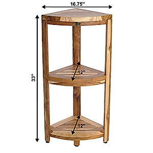 EcoDecors Snazzy Corner Teak Shower Corner Shelf 33" Radius 18” Tall Natural Wood Corner Shower Seat Spa Bench with Shelf Corner Stool for Shower in Earthy Teak Finish