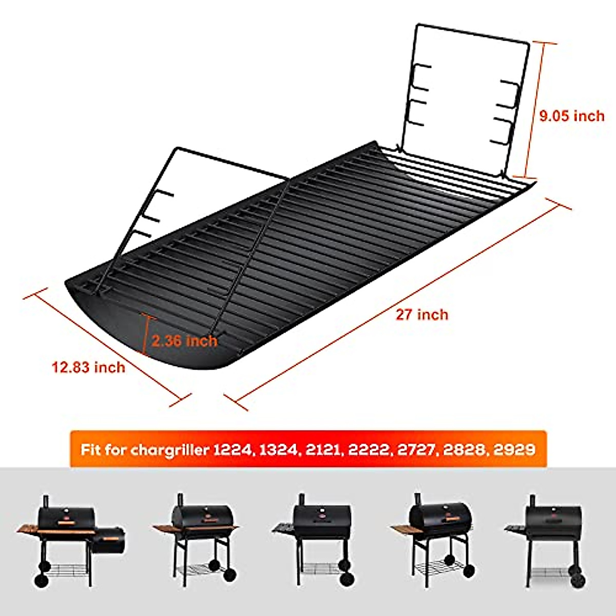 Coisien 27 inch Grill Ash Pan/Drip Pan for Chargriller 1224, 1324, 2121, 2222, 2727, 2828, 2929 Charcoal Grills, Grill Grates Replacement Part with 2pcs Fire Grate Hanger, Charbroil 17302056, APC508