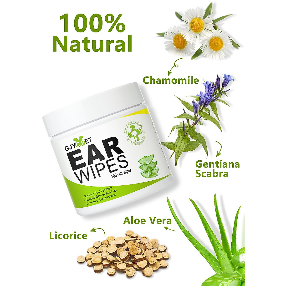 GJYC PET Dog Ear Cleaner-Ear Rinse & 100pcs Dog Ear Wipes & 30 Cotton Swabs Dog Ear Inflammation Therapy for Itch Relief, Soothe Ear Inflammation, Removes Wax, Odor