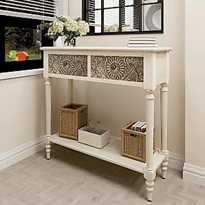 Koncemel Console Table with Drawers, Farmhouse Entryway Table with Storage Shelves, Sofa Table with Carved Long for Living Room, Hallway, Entryway