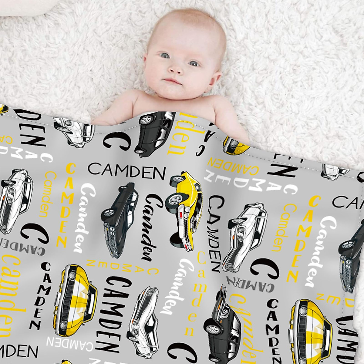 ZOTIMEF Custom Name Car Blanket for Kids - Multi-Fonts Names with Cars Theme Design - Personalized Soft Plush Flannel Blanket for Boys Girls Holidays Birthdays Gifts Grey & Yellow