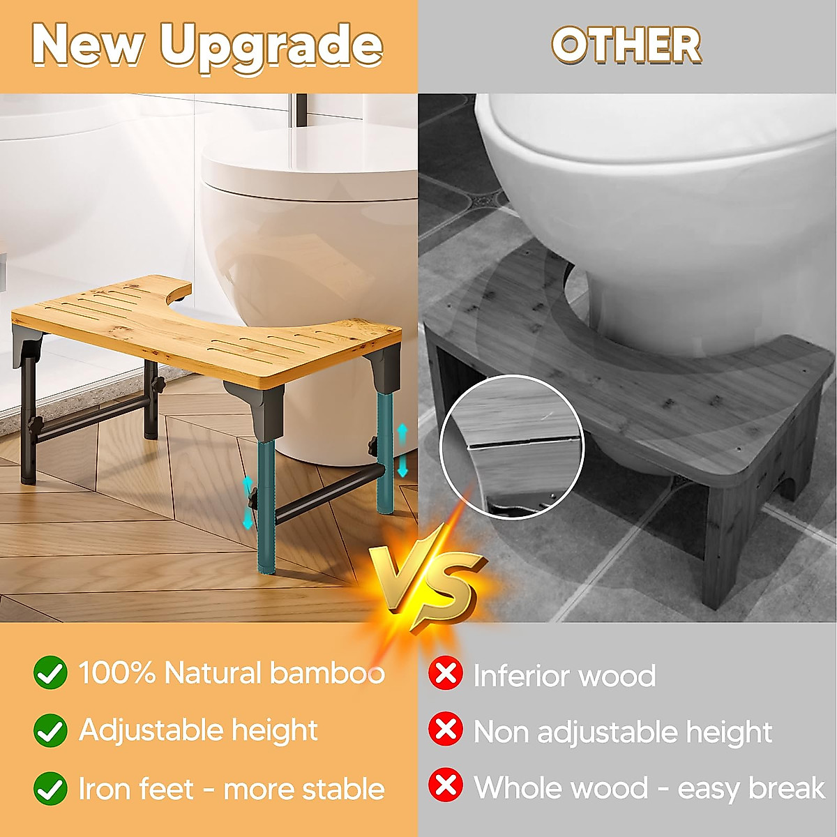 Bamboo Toilet Stool Iron 7''&8''&9'' Adjustable Heights Foldable Iron Toilet Assistance Poop Steps with Non-Slip Layer for Adults Children Pregnant Women Old Bathroom New Upgrade