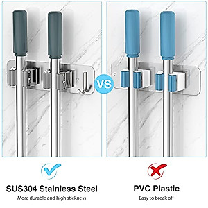 HOMEASY Mop Broom Holder Wall Mounted SUS304 Stainless Steel, Mop Broom Organizer with 2 Installation Methods (No Drilling&Screw Drilling Installation 2 In 1), Mop Hanger Heavy Duty with Hooks, 2PCS