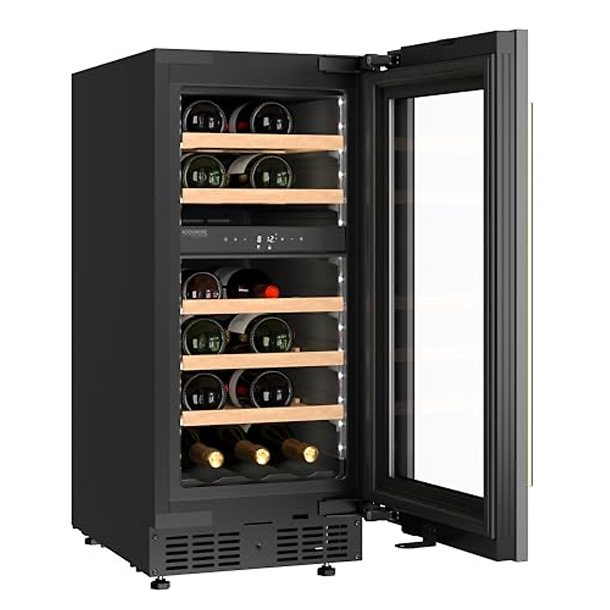KoolMore KM-CW28DZ-WPR Reserve 15 in. Under-Counter Panel Ready Dual Zone Built-in Wine Cooler with 23 Bottle Capacity and Wooden Shelves in Black, ETL Listed