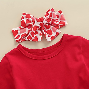 3Pcs Kids Toddler Baby Girl Valentine 's Day Outfits Red Long Sleeve Ruffle Shirt Heart Print Bell Bottom Pant Headband (Red, 90)