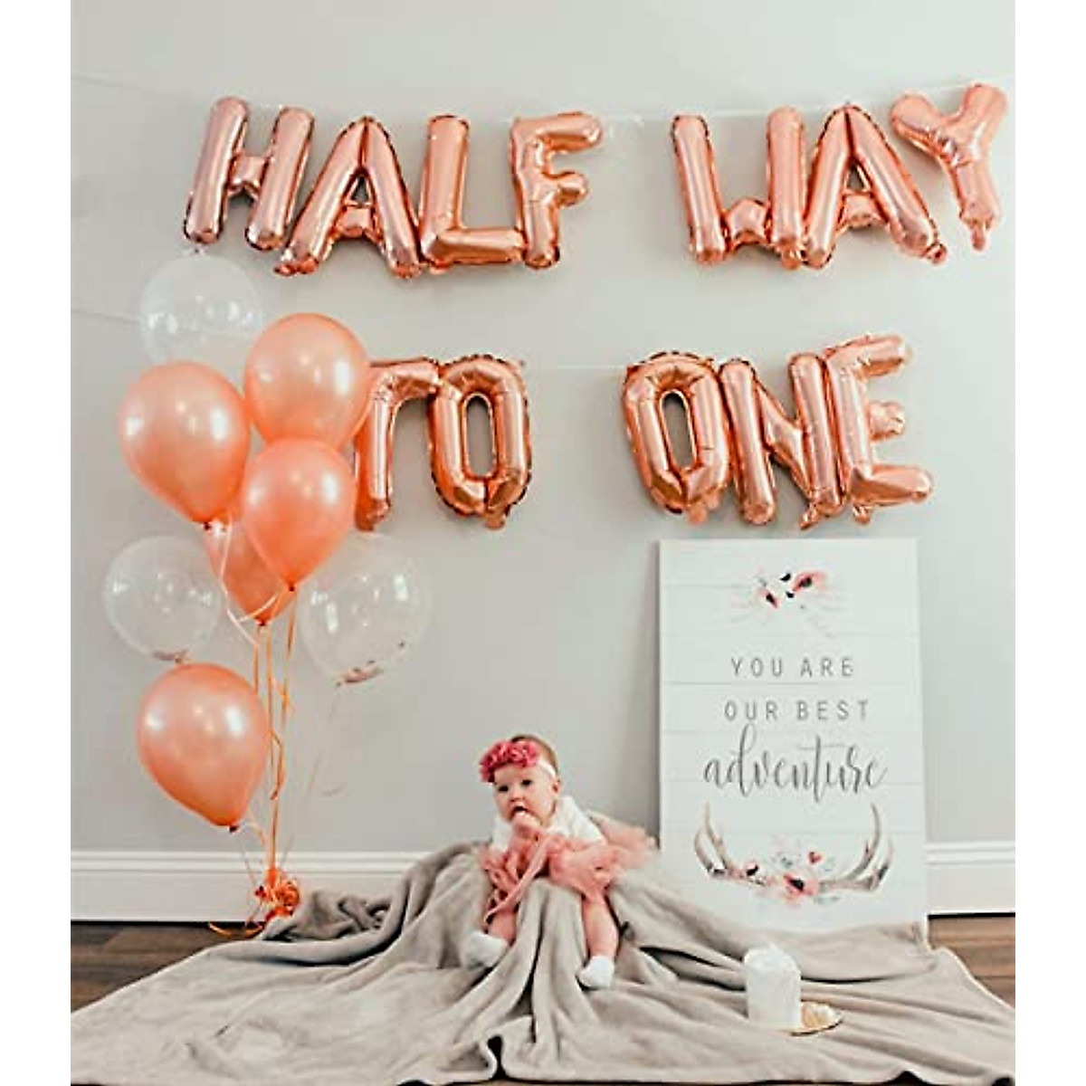 JeVenis 15 PCS Half Way To One Banner Half Way To One Rose Gold Balloons Decorations for Girl 1/2 Birthday Decorations