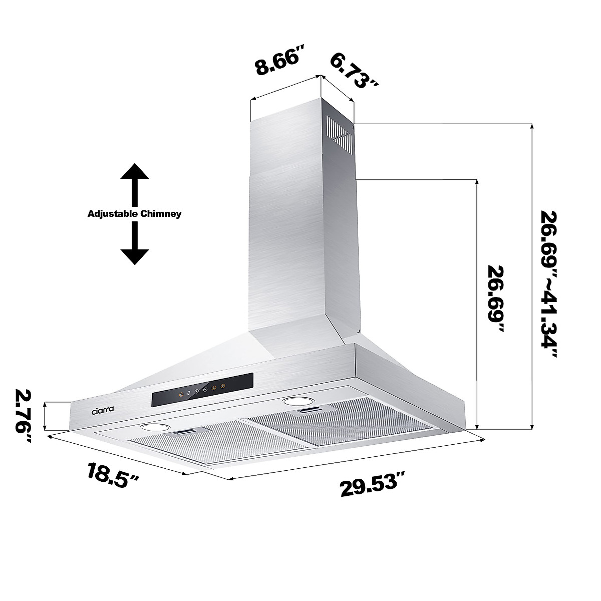 CIARRA Wall Mount Range Hood 30 inch 760m3/h Ducted Convertible Ductless Range Hood Vent in Stainless Steel CAS75308